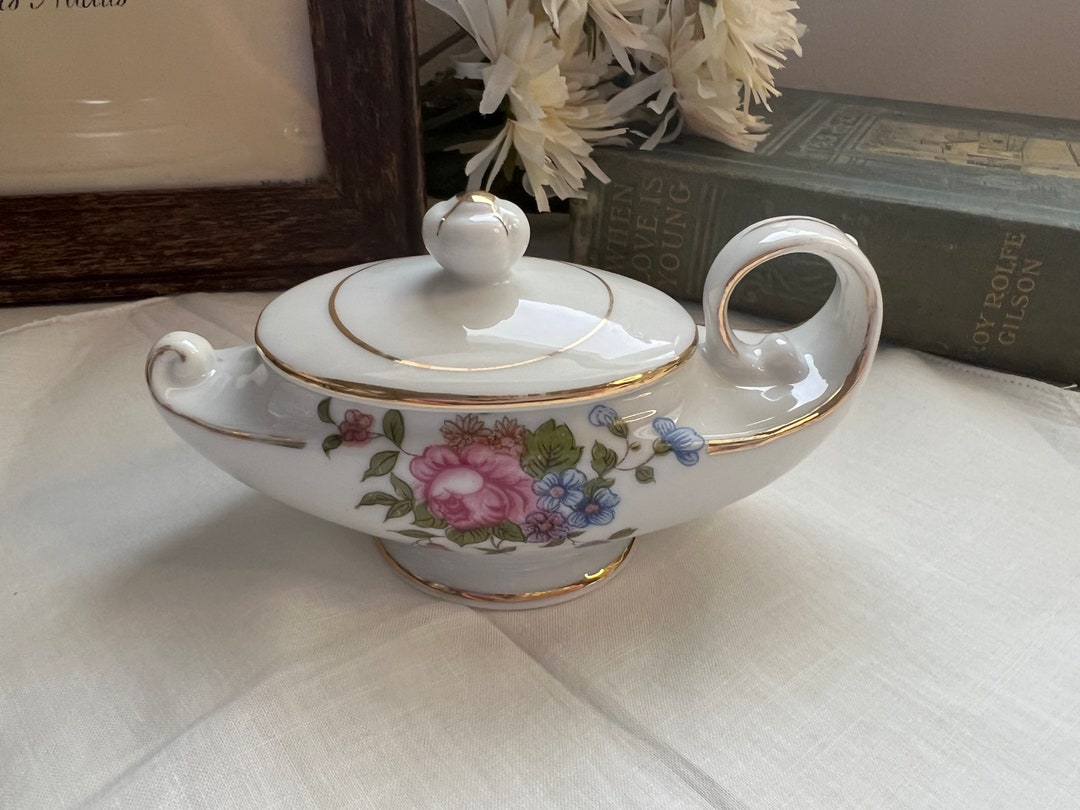 Vintage Small White Porcelain Genie Lamp Dish W/ Floral Design & Gold ...