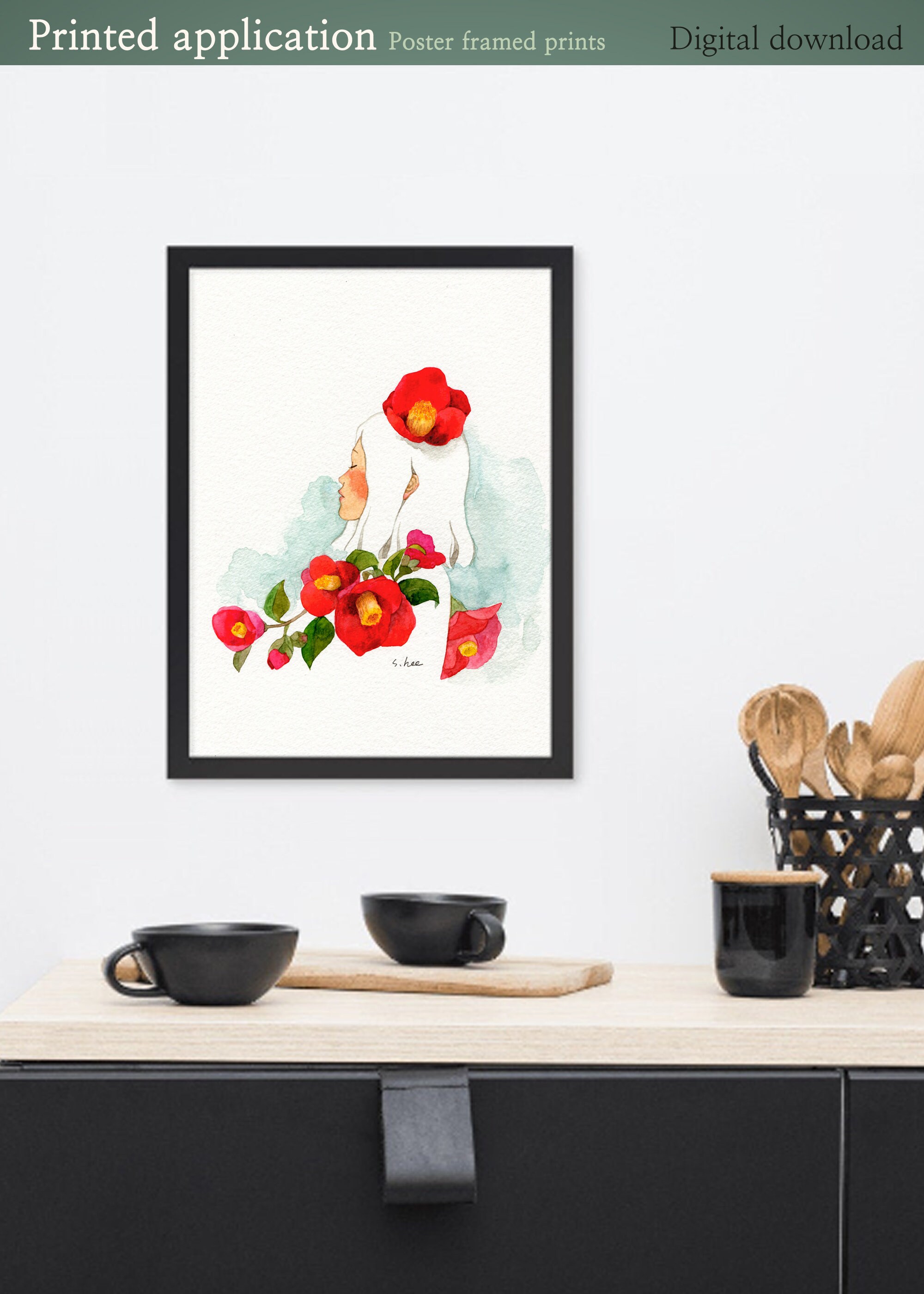 Camellia Girl,3 Sizes of Illustrations,printable Digital Files,instant ...