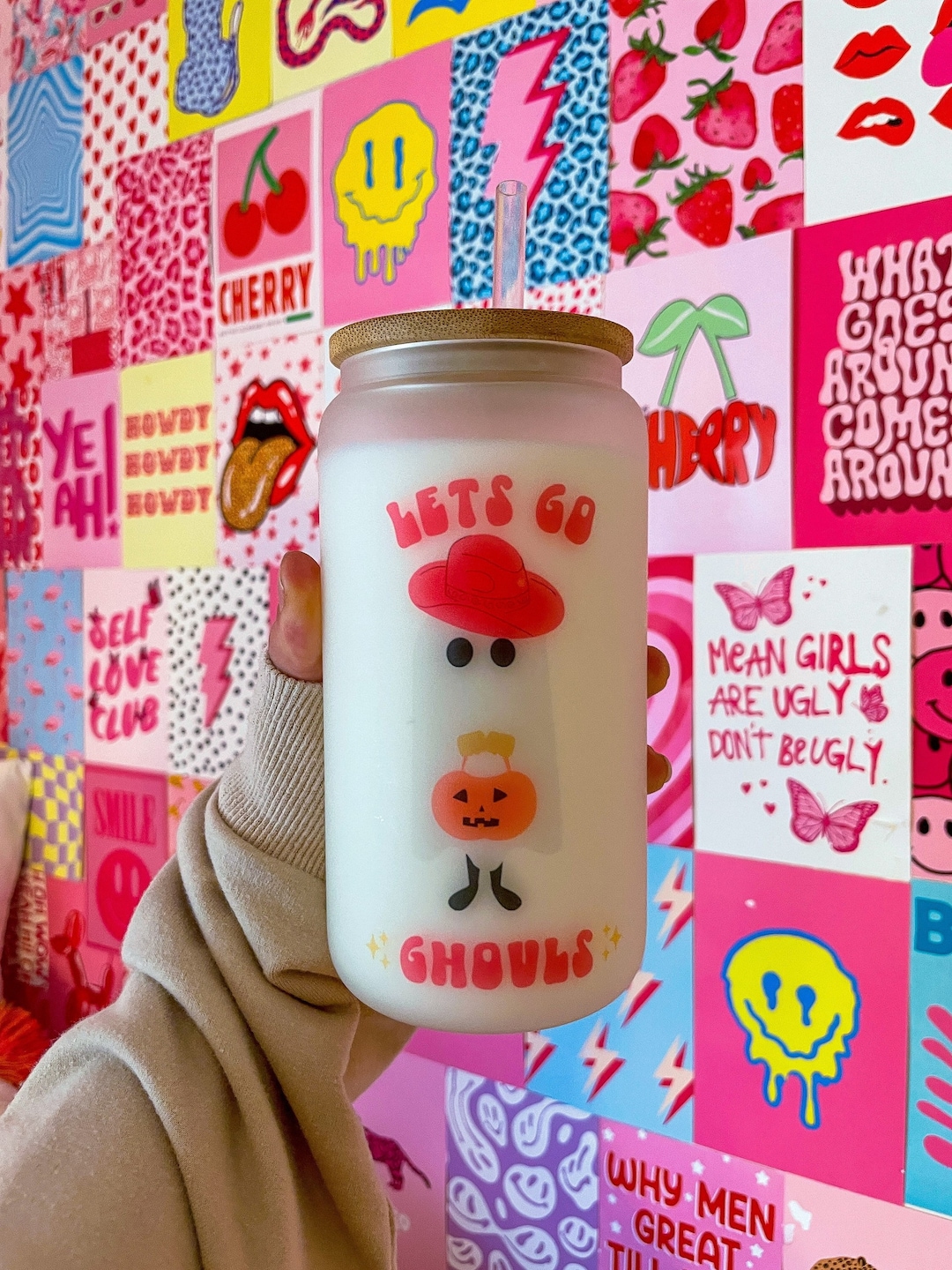 Preppy Glass Cup, Fall Cups, Halloween Decor, Iced Coffee Glass, Gift ...