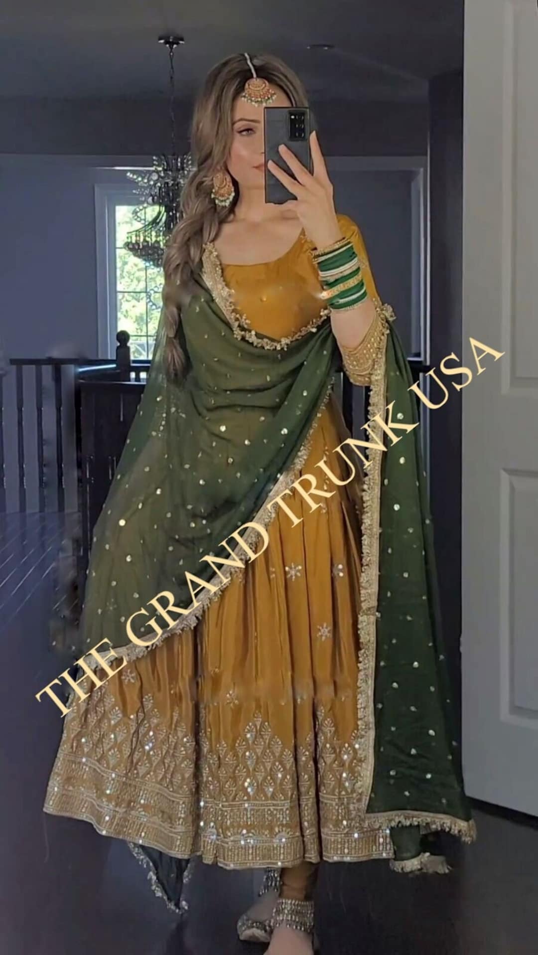 Pakistani Embroidered Faux Georgette Yellow Gown Set With Dupatta for ...