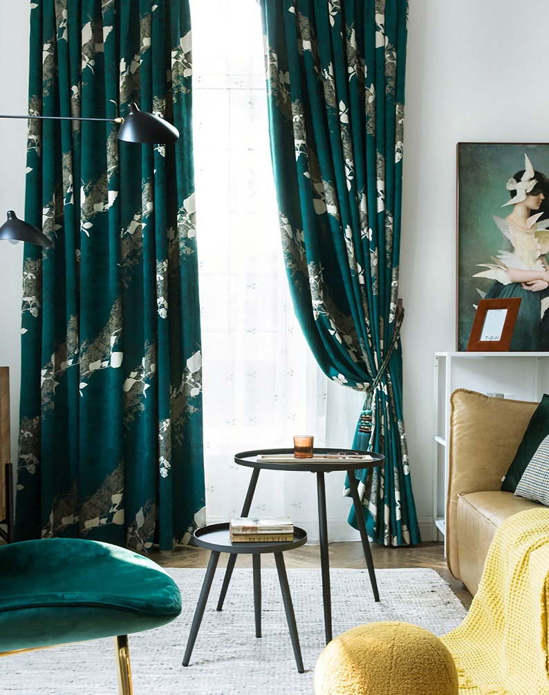 A Pair of Jacquard Abstract Pattern Curtains Green Floral - Etsy