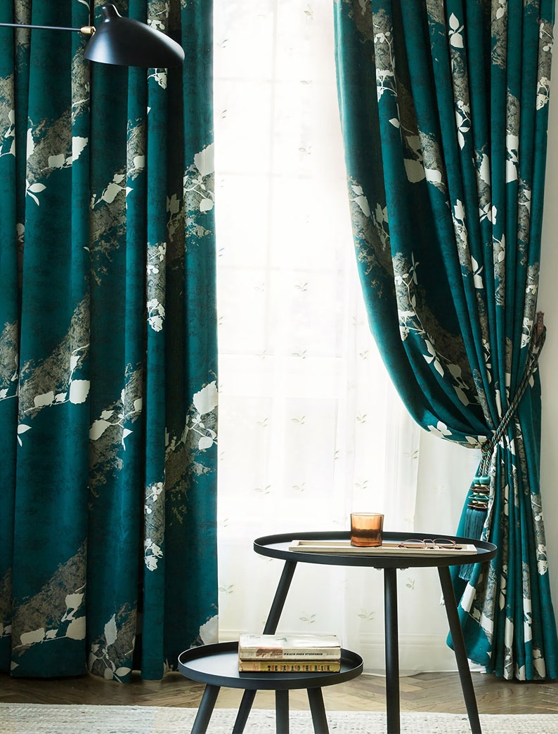 A Pair of Jacquard Abstract Pattern Curtains Green Floral | Etsy