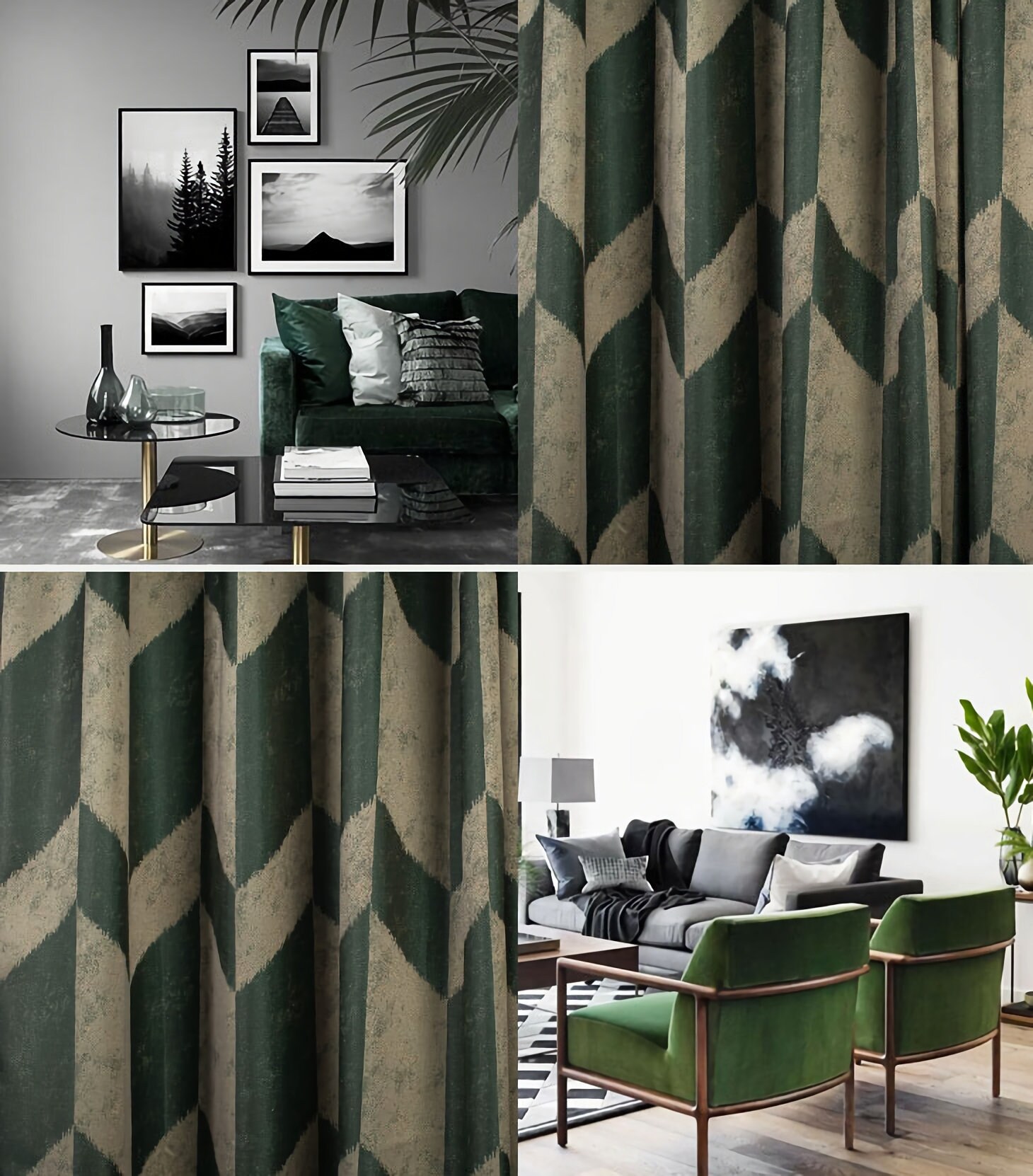 Pair of Luxury Jacquard Gold Forest Green Curtain Panels | Etsy