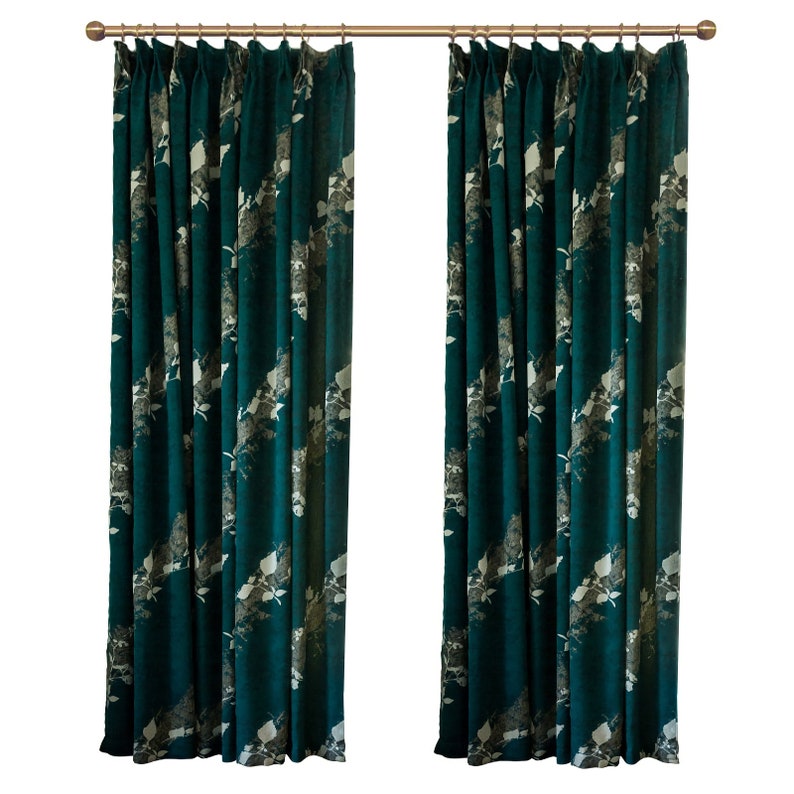 A Pair of Jacquard Abstract Pattern Curtains Green Floral | Etsy