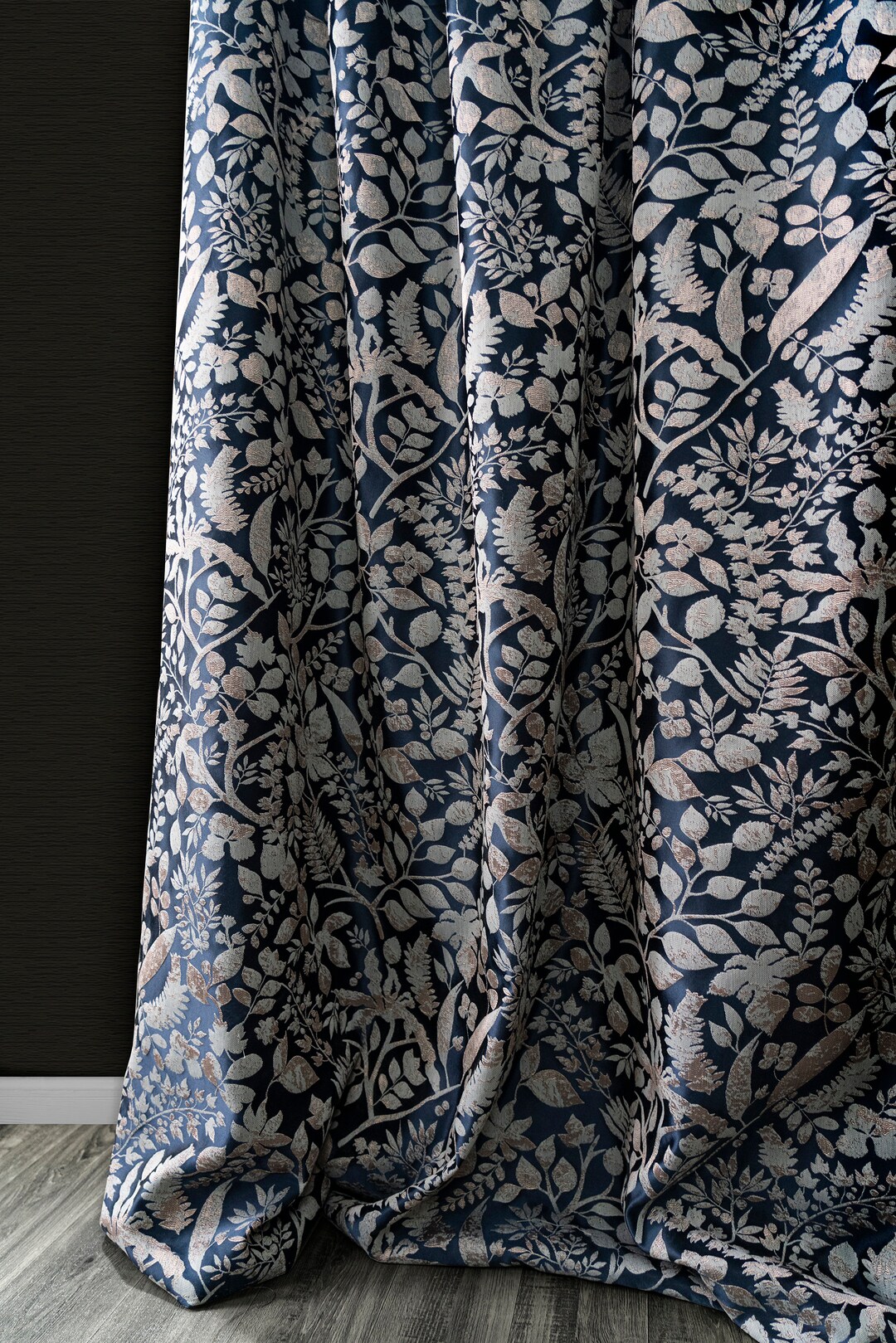 Pair of Dark Blue/ Navy Blue Luxury Golden Thread Botanical Floral ...