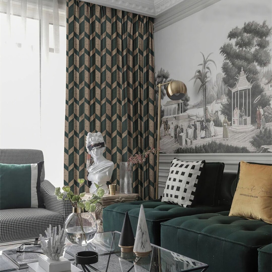 Pair of Luxury Jacquard Gold Forest Green Curtain Panels, Bedroom ...