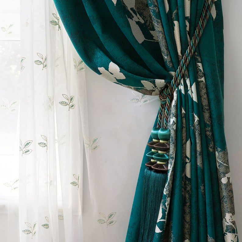 A Pair of Jacquard Abstract Pattern Curtains Green Floral | Etsy