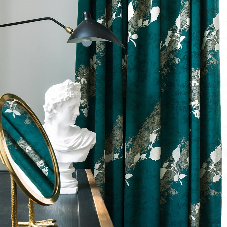 A Pair of Jacquard Abstract Pattern Curtains Green Floral | Etsy