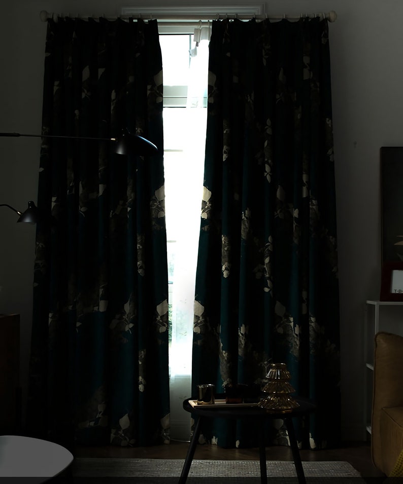 A Pair of Jacquard Abstract Pattern Curtains Green Floral | Etsy