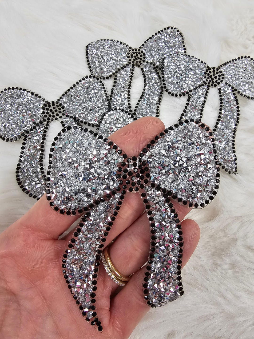 Rhinestone Bow With Black Outline and Silver Iron-on Patch - Etsy