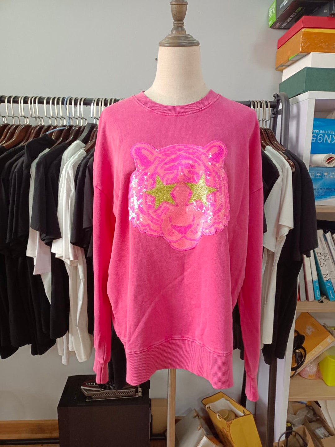 Hot Pink Tiger Sequin Mascot on Acid Wash Crew Neck 100% Cotton ...
