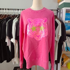 Hot Pink Tiger Sequin Mascot on Acid Wash Crew Neck 100% Cotton ...