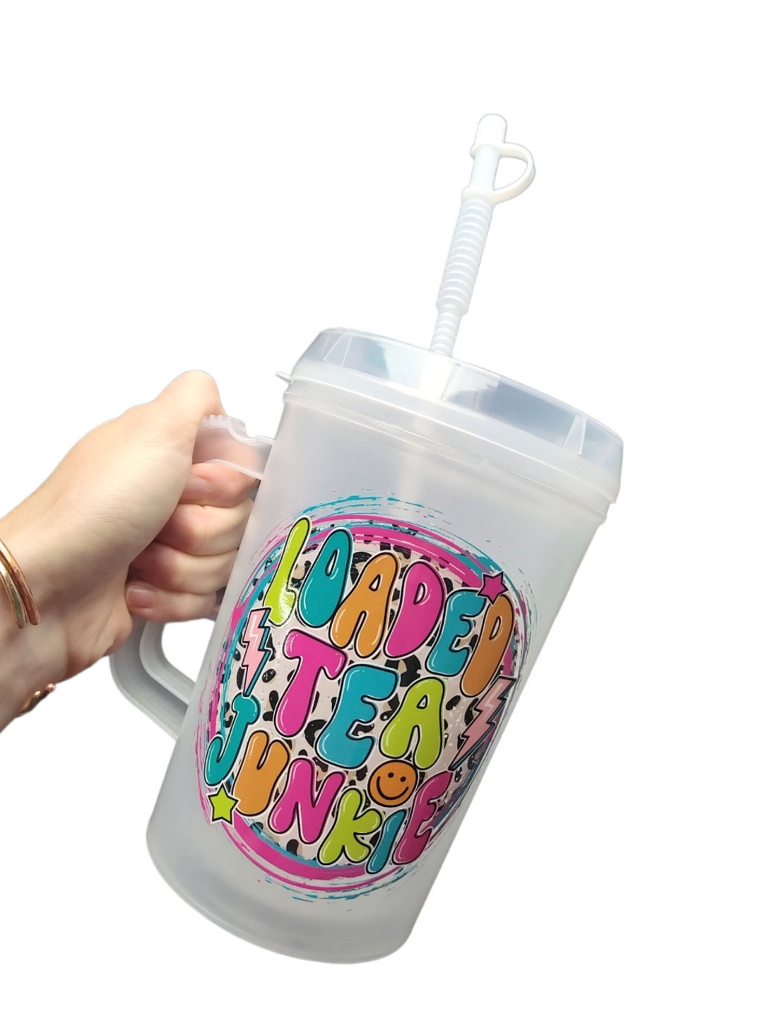 Loaded Tea Junkie 34oz Mega Mug With Lid and Straw, Colorful Loaded Tea ...
