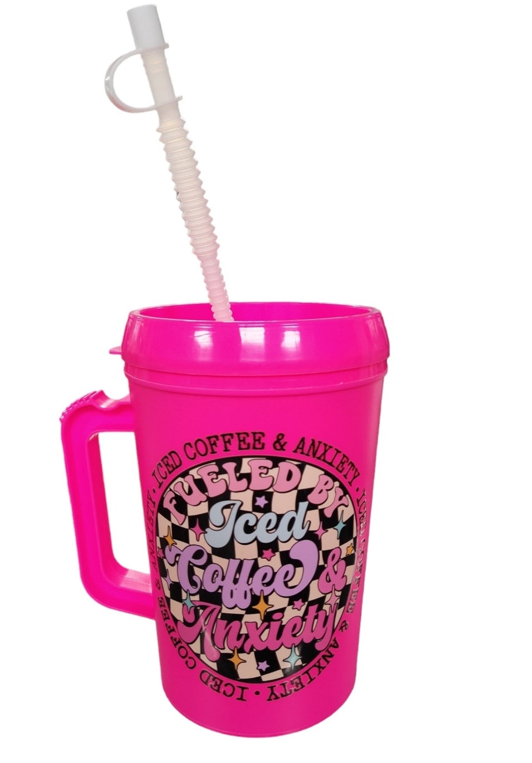 Fueled by Iced Coffee and Anxiety 34oz Mega Mug With Lid and Straw ...