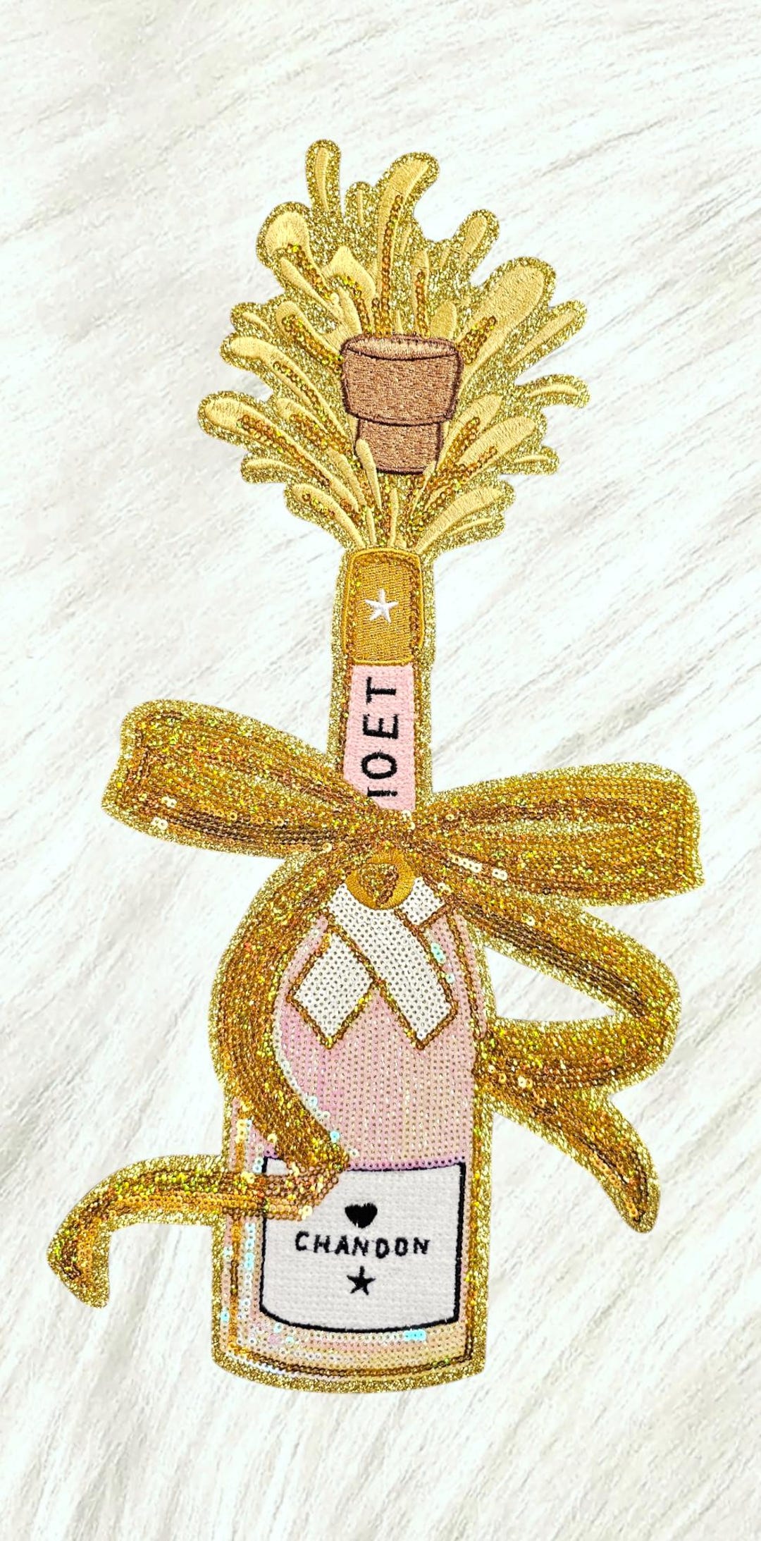 XXL Pink Rose Champagne With Bow Cheers Toast Large Sequin Iron on Patch, Pink Champagne Bottle ...