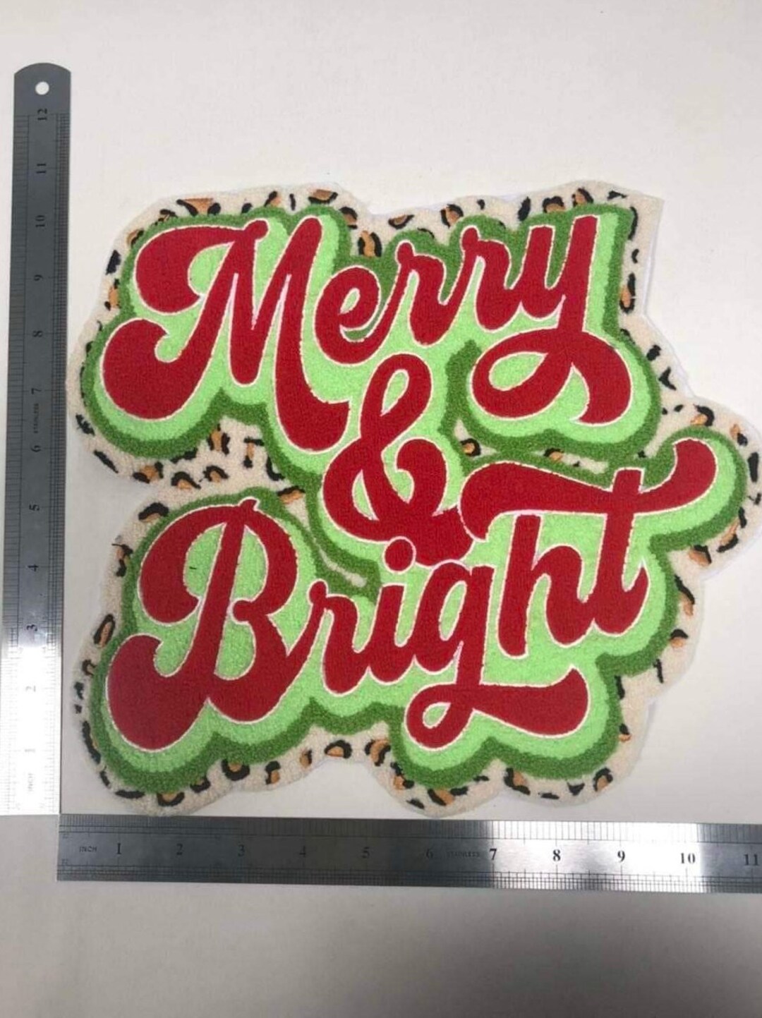 LARGE Cheetah Merry and Bright Chenille Iron on Patch, Cheetah Merry and Bright Patch, Christmas ...