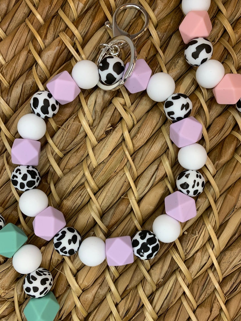 Silicone Bead Wristlet Keychain / Cow Print Keychain / Wristlet ...