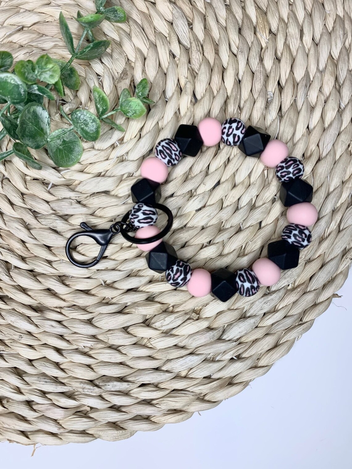 Silicone Bead Wristlet Keychain / Pink Leopard Print Keychain - Etsy