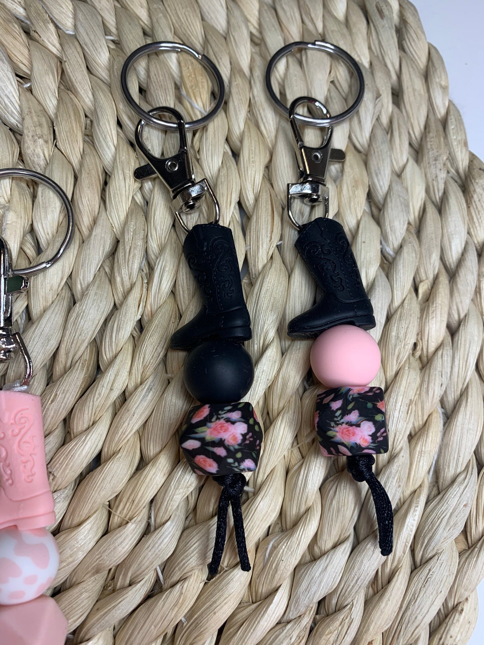 Mini Silicone Bead Keychain / Cowboy Boot Keychain / Pink Cow Print ...