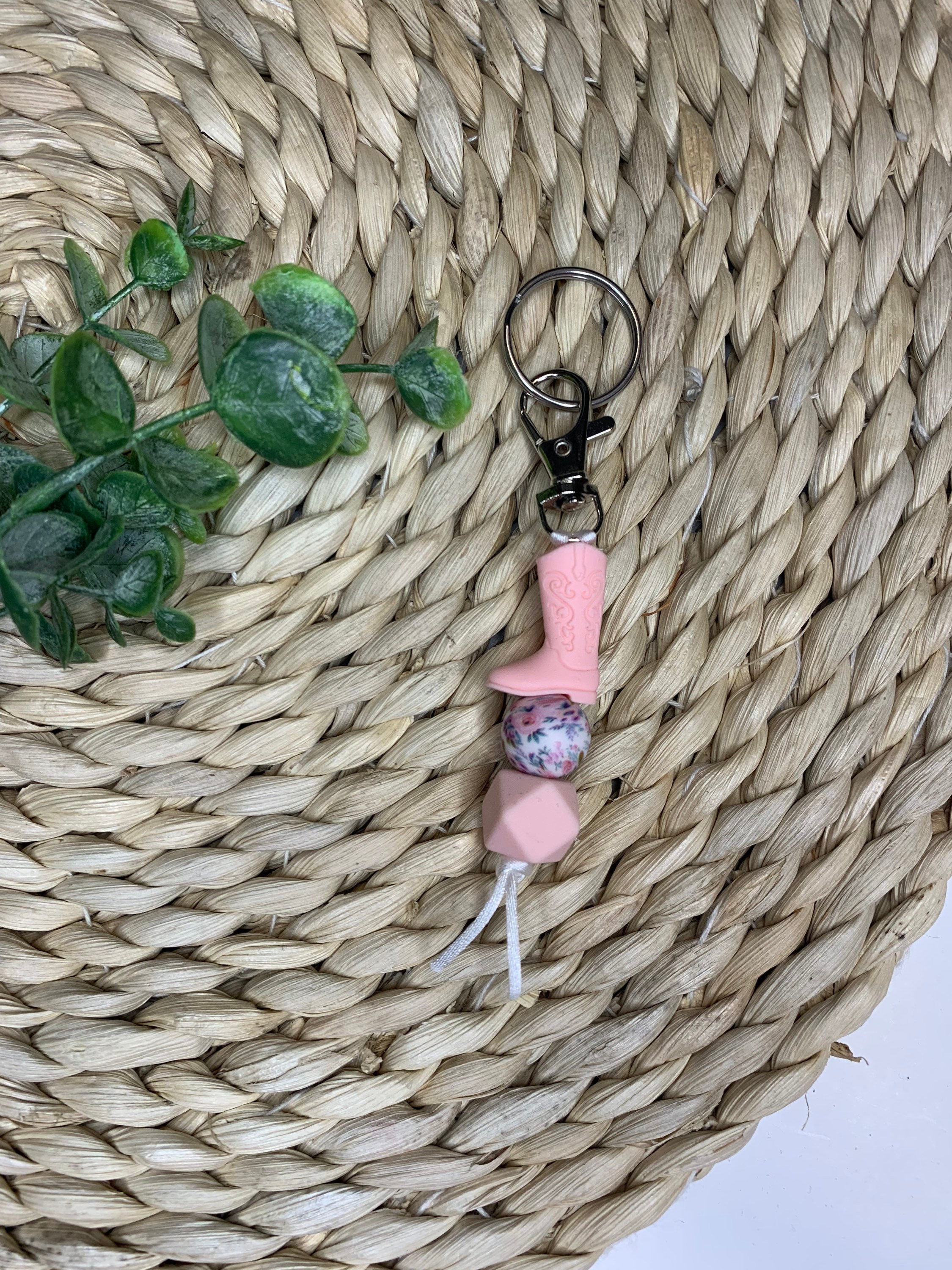 Mini Silicone Bead Keychain / Cowboy Boot Keychain / Pink Cow Print ...