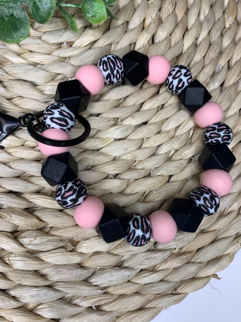 Silicone Bead Wristlet Keychain / Pink Leopard Print Keychain - Etsy