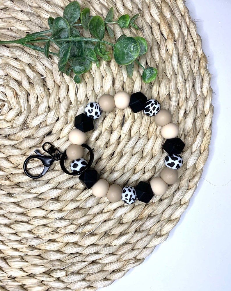 Silicone Bead Wristlet Keychain / Cow Print Keychain / Wristlet ...