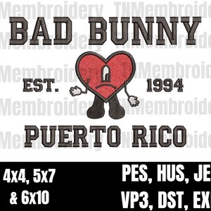 Bad Bunny Puerto Rico Embroidery File Bad Bunny Inspired 3 Sizes 6 ...
