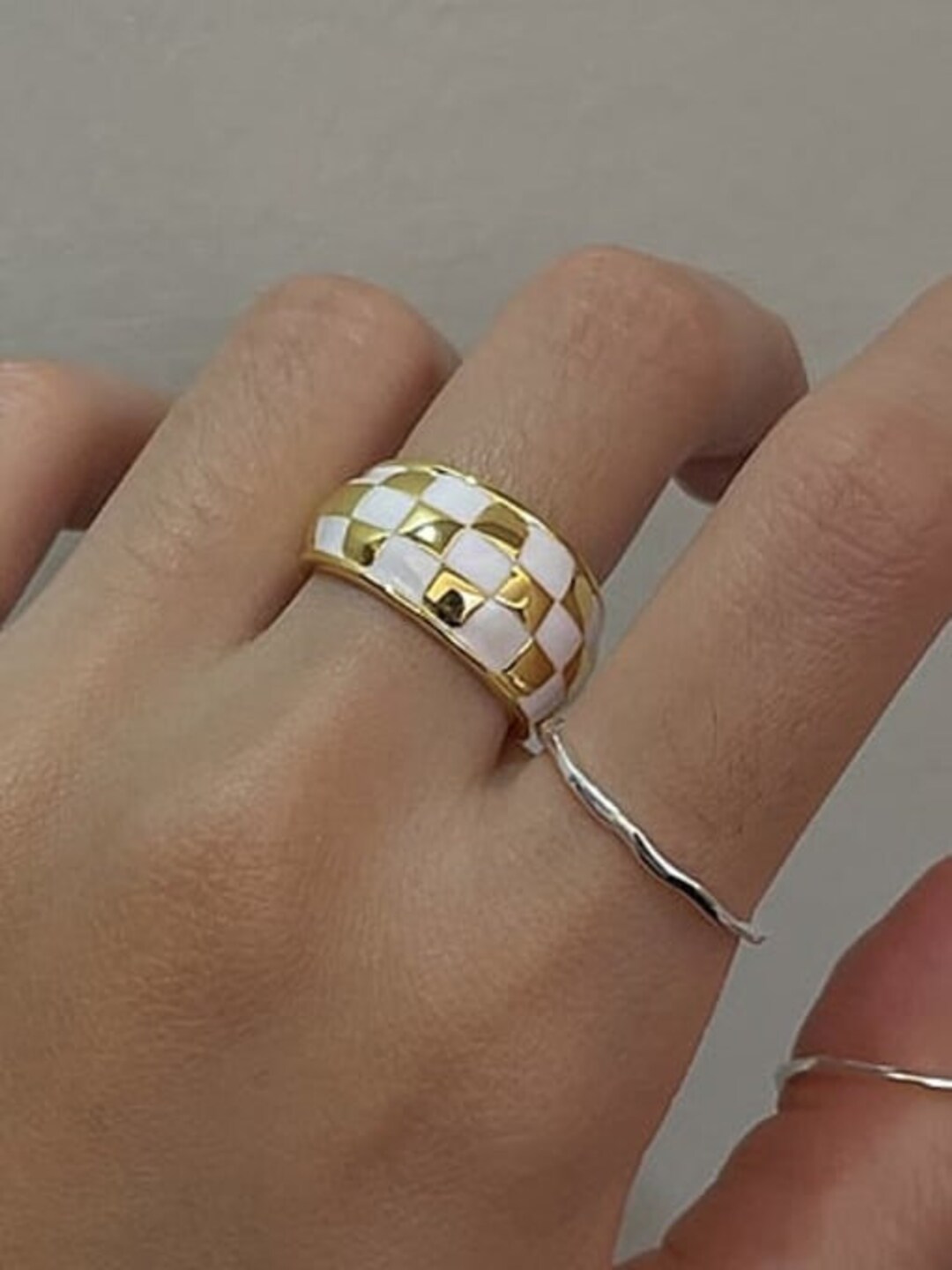 CHECKERED Dome RING Enameled Band Ring Signet Checkerboard 14k Gold 925 ...
