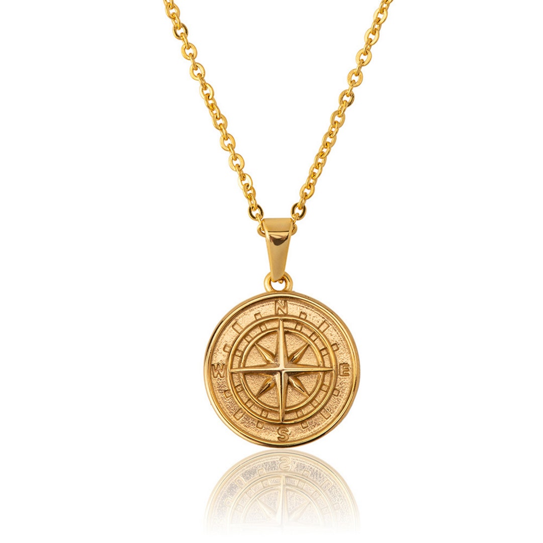 Men's Gold Compass Necklace, Stainless Steel Pendant, Engravable, Water ...
