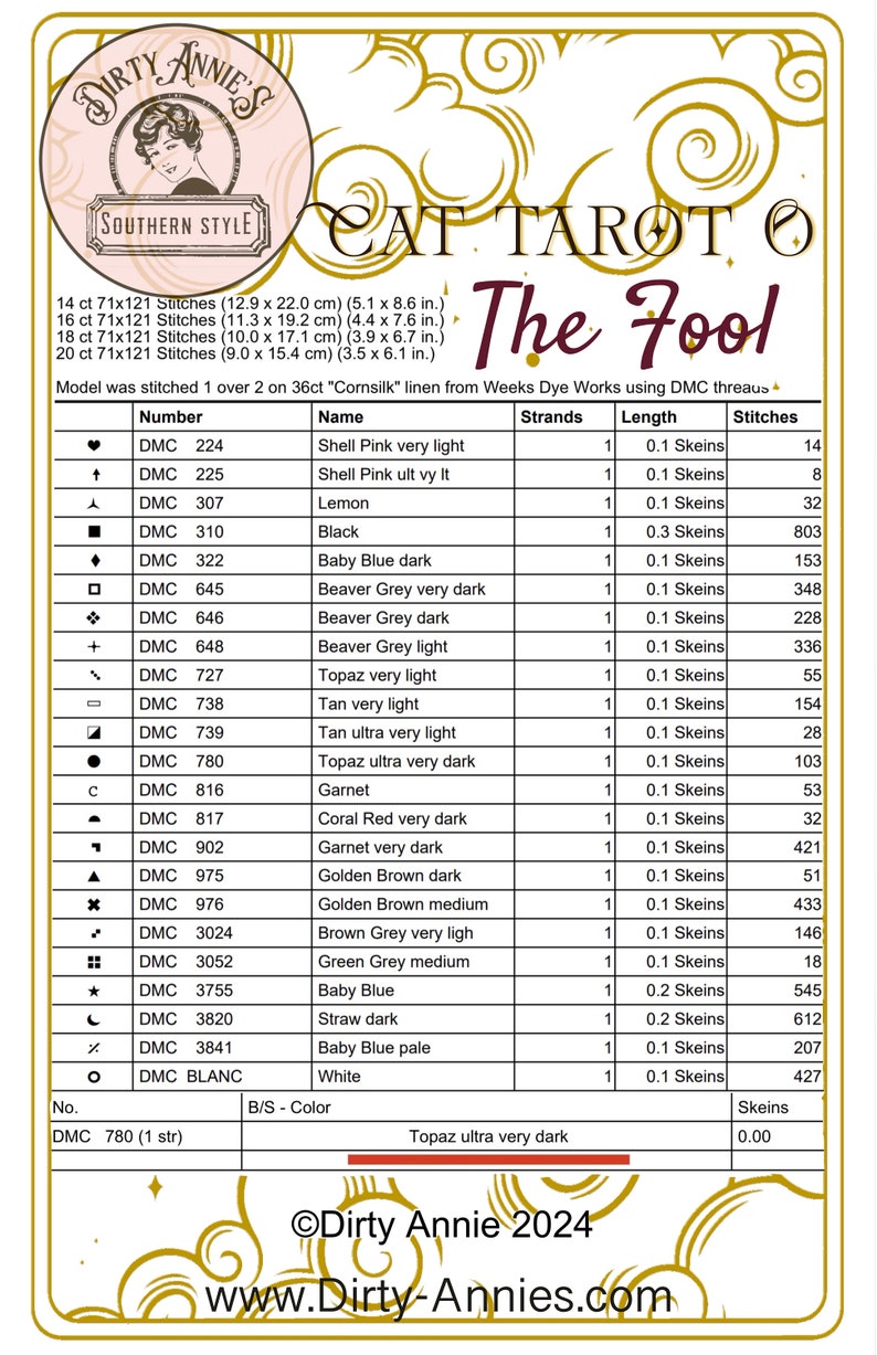 Cat Tarot O- the Fool - Cross Stitch Chart by Dirty Annie's - Instant ...
