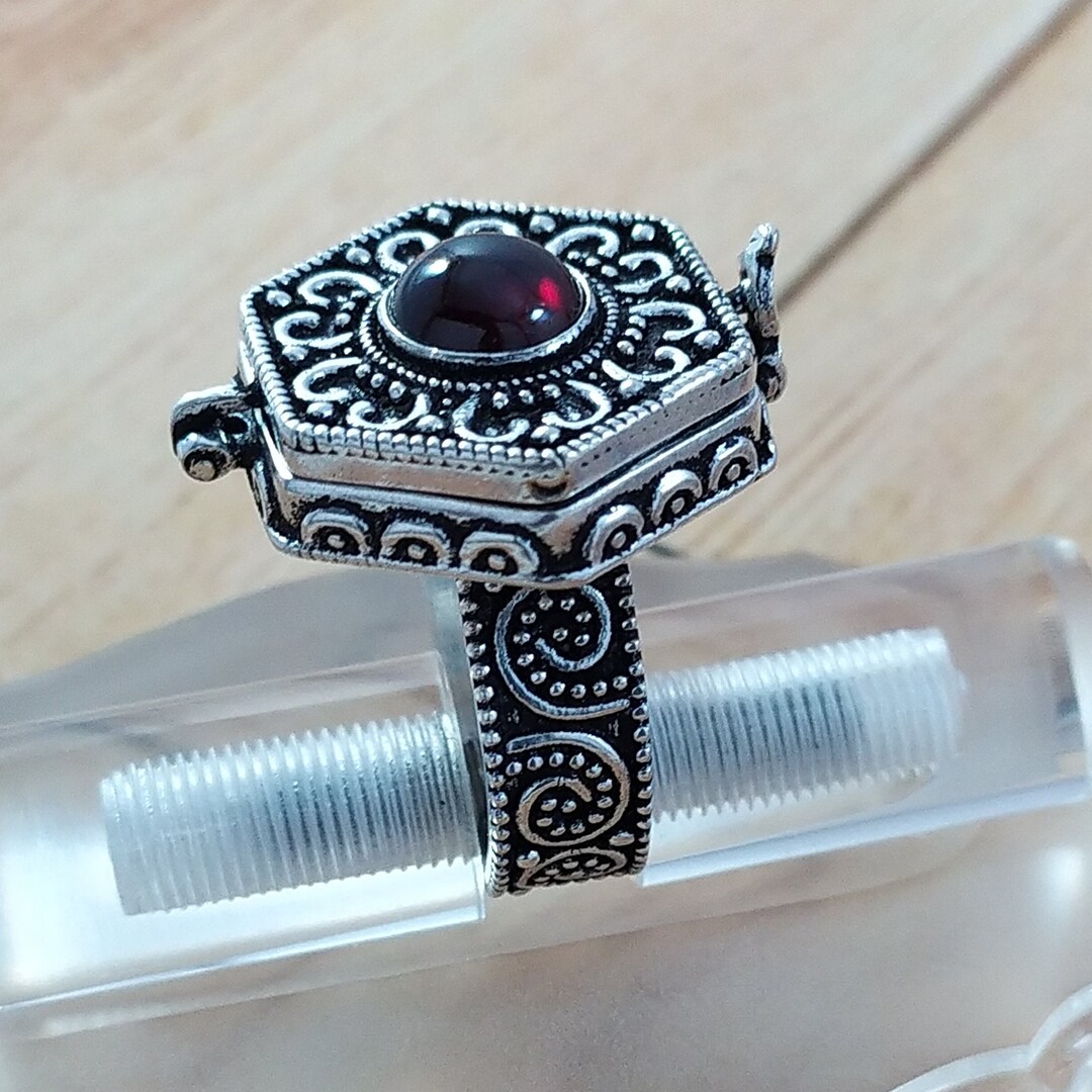Natural Garnet Pill Box Ring: Oxidized Sterling Silver Plated - Etsy
