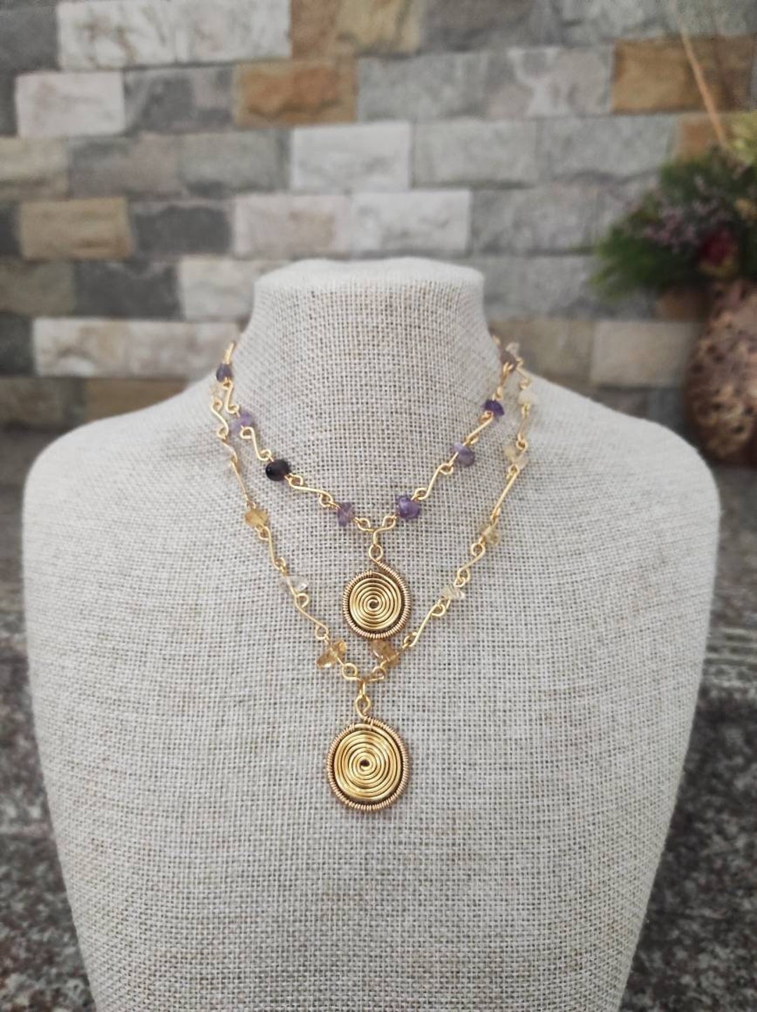 Spiral Charm Crystal Choker, Raw Crystals Necklace, Wire Wrapped ...