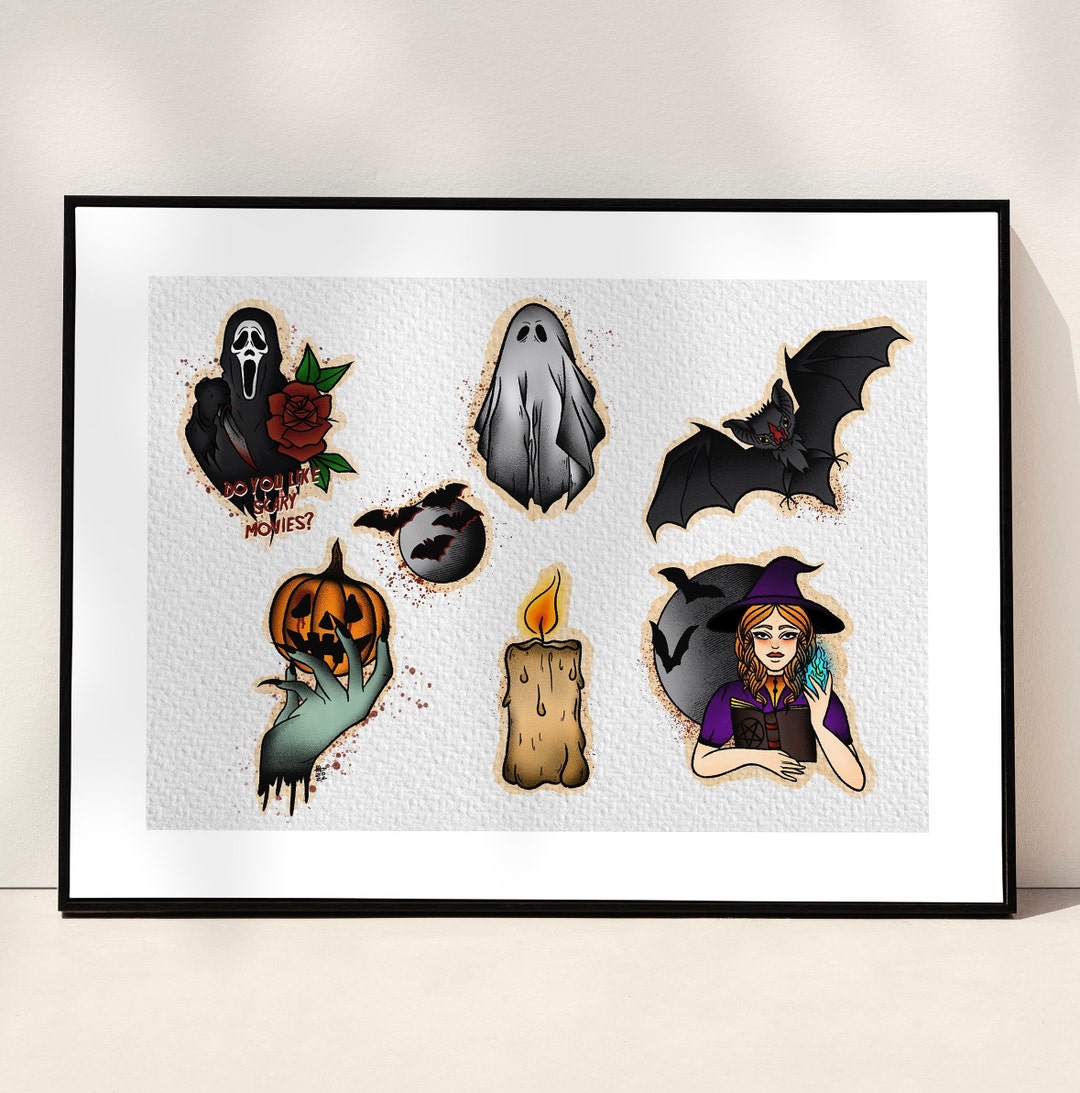 Halloween Witch Traditional Tattoo Flash Print American Old School Wall ...