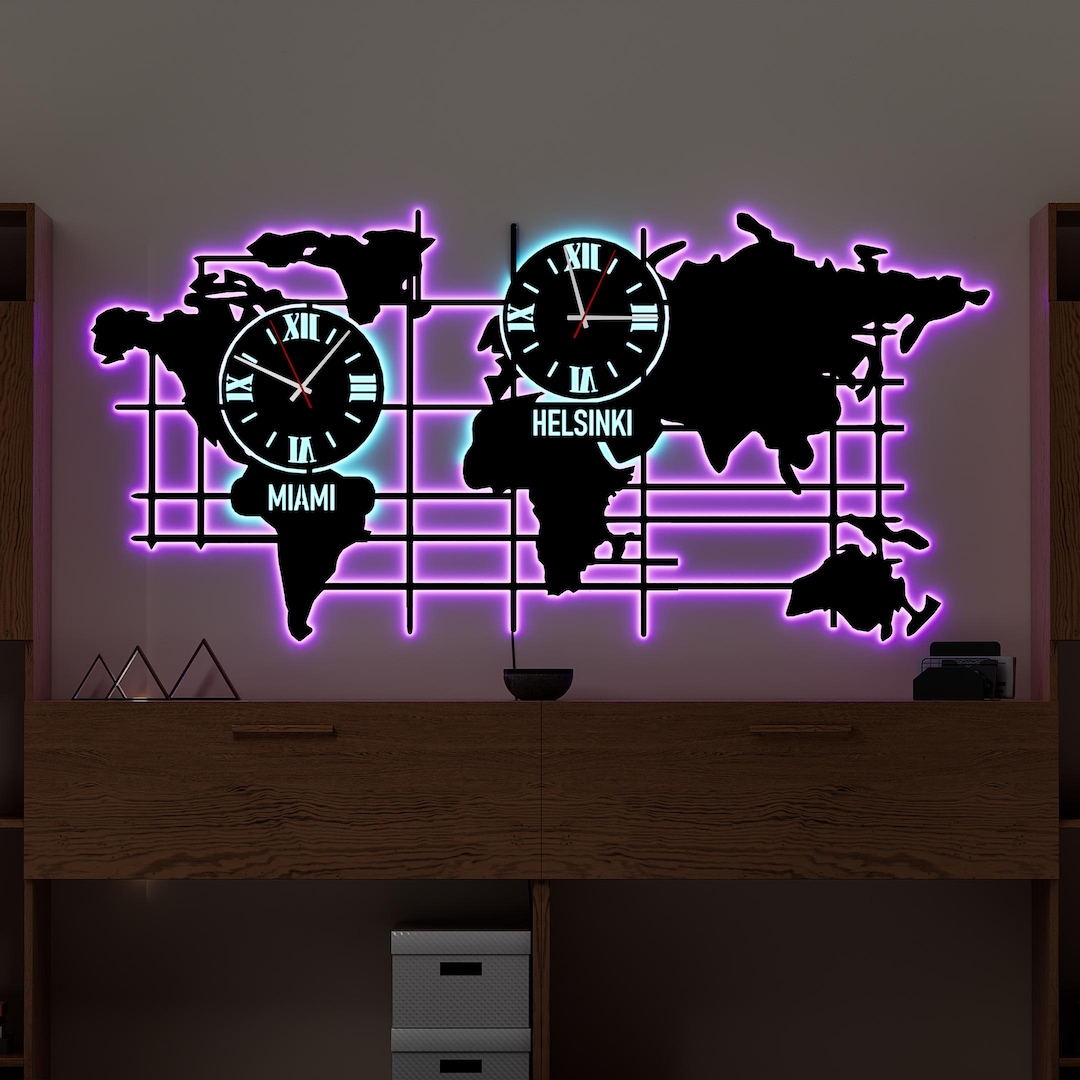 Personalized World Map Metal LED Clock: Custom City Sign, Modern Wall ...