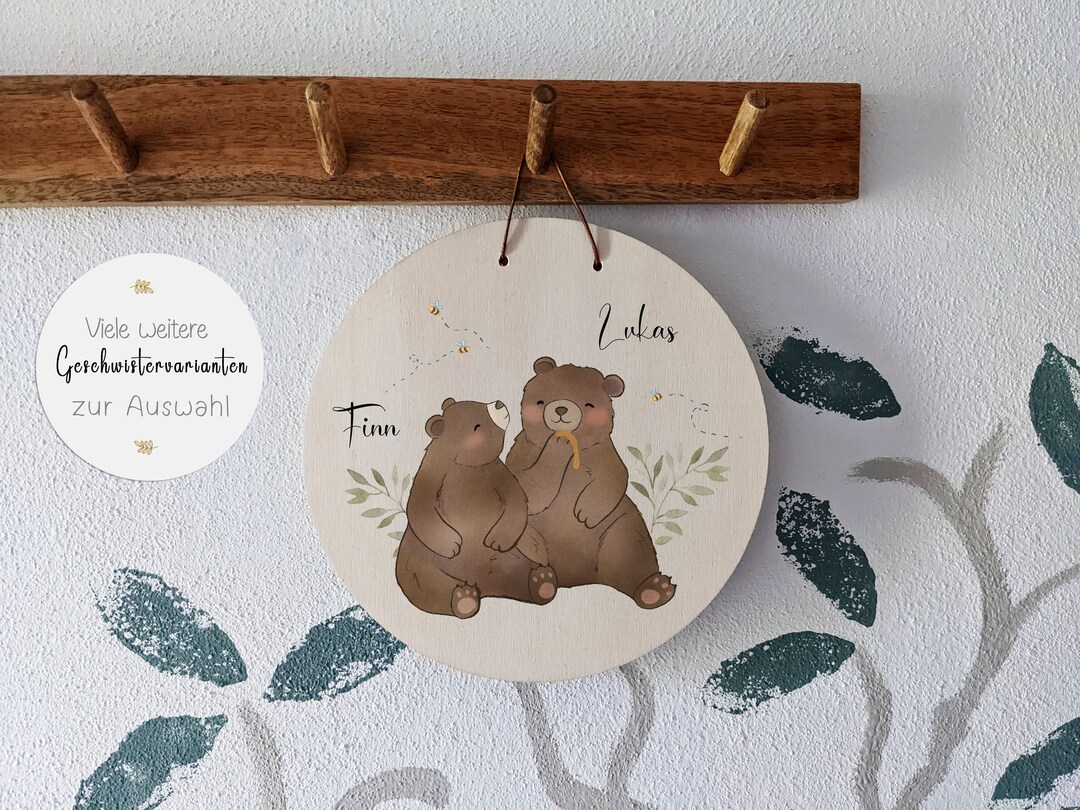 Sibling Nameplate | Children's Room | Door Sign | Wooden Sign | Bear ...