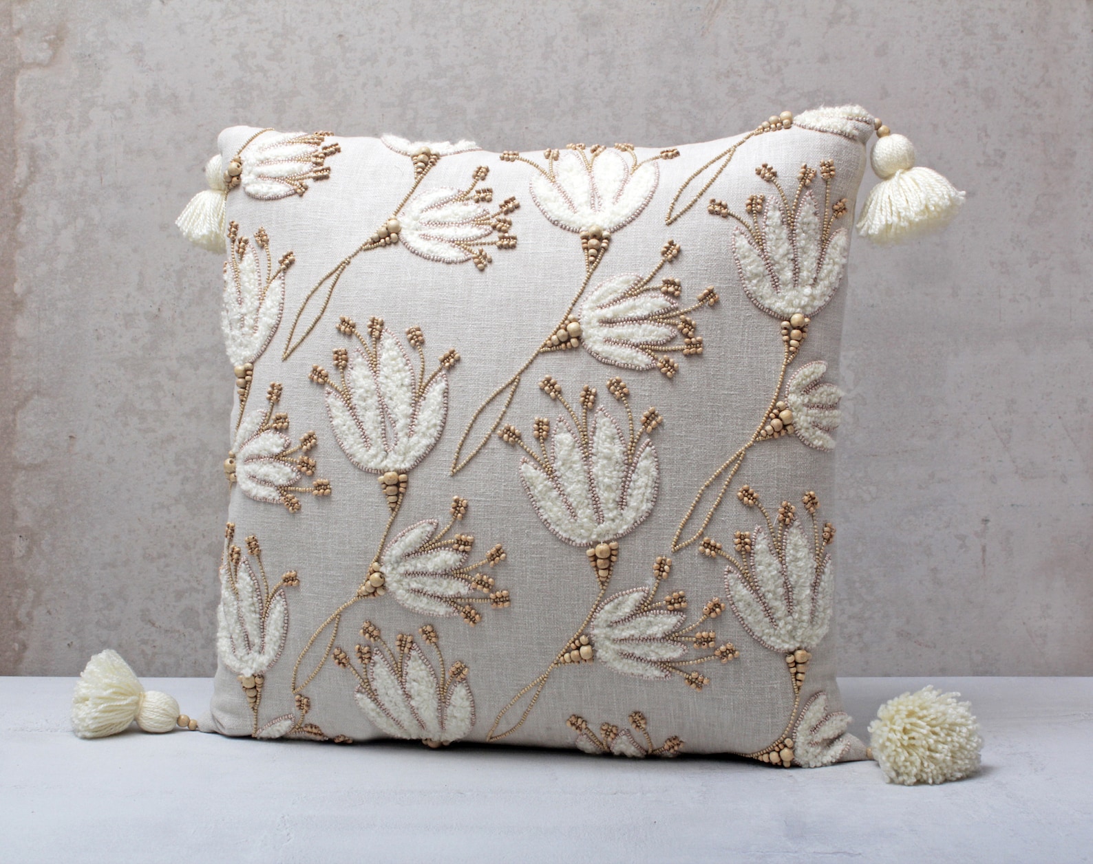 Linen Colour Cotton Embroidered Bohemian, Bali Style Pillow Cover ...