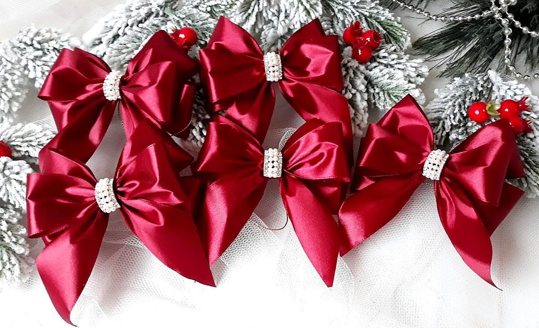 Dark Red Satin Christmas Bows: Tree Decor, Gift Set (10 Pcs) - Etsy