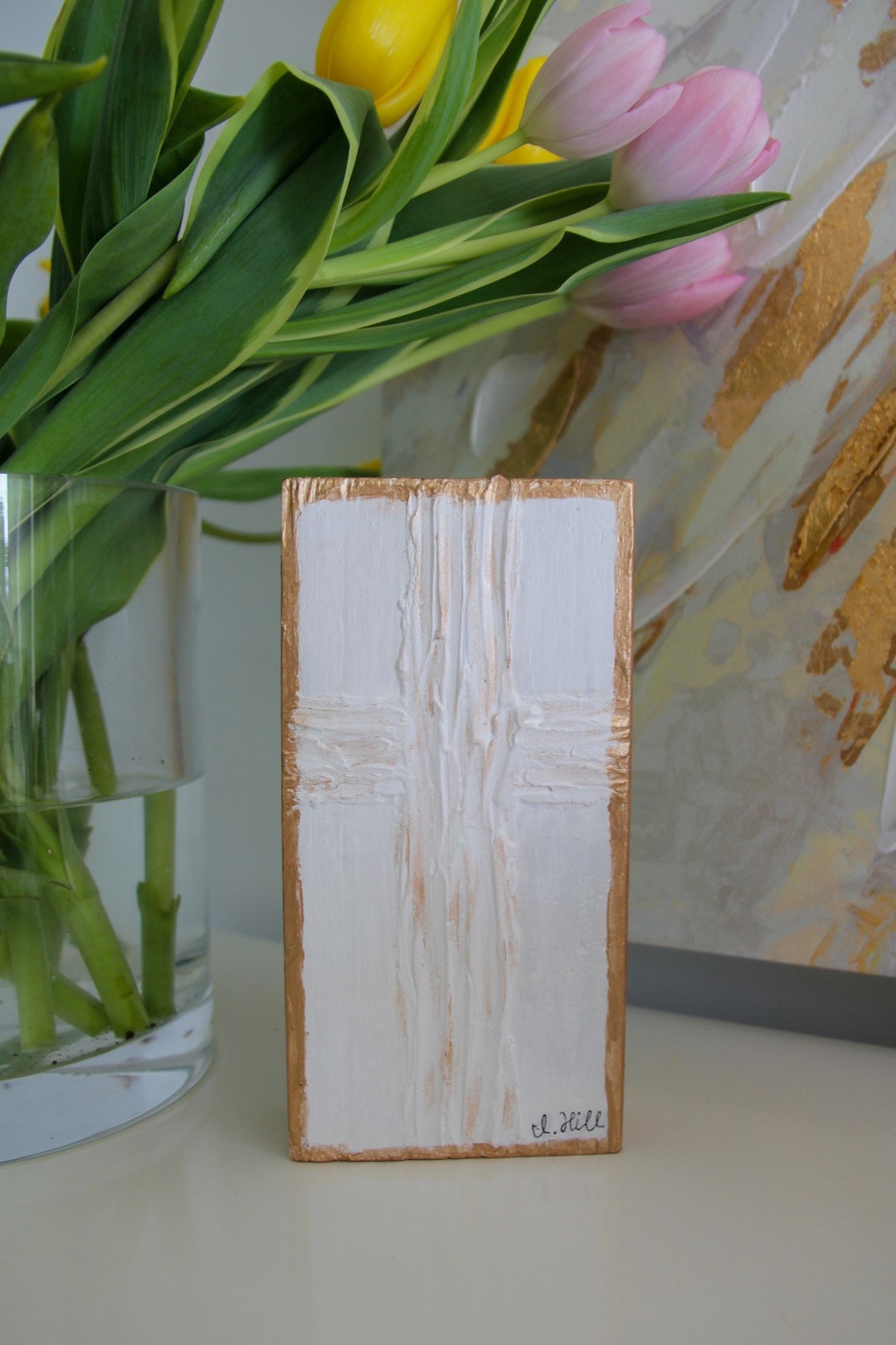 Hand Painted Wooden Gold Cross Block - Etsy