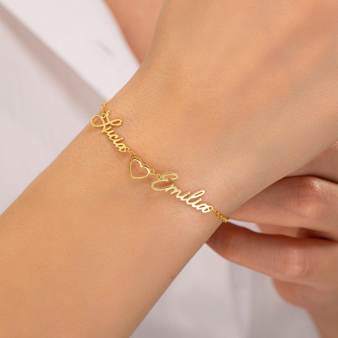 18k Gold Personalized Two Name Heart Bracelet: Custom Sterling Silver ...