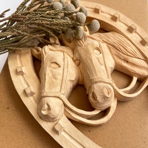 Wood Carved Horseshoe With Horse Heads, Wood Horseshoe for Hanging ...