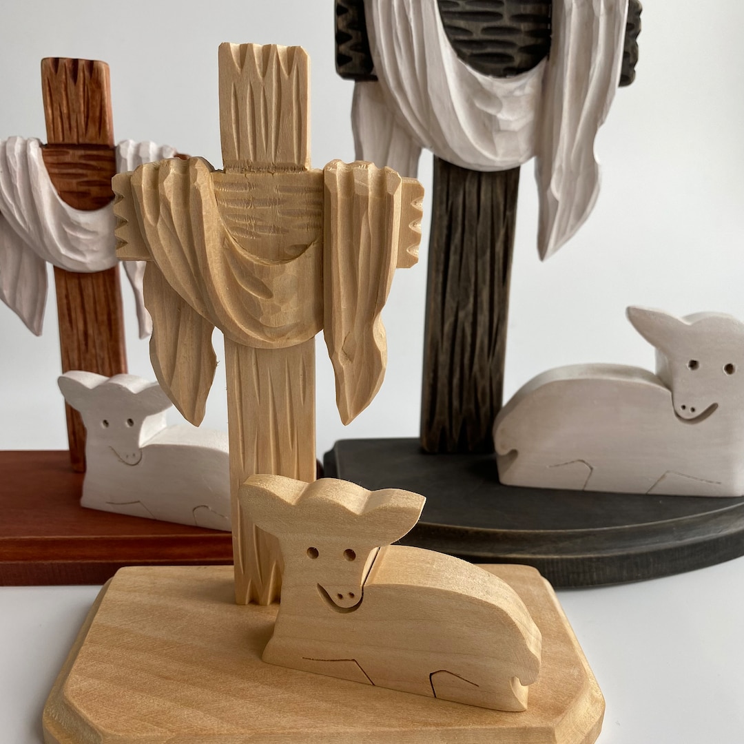 Wooden Standing Cross, Cross With Hand Carved Sheep, Small Tiered Tray ...