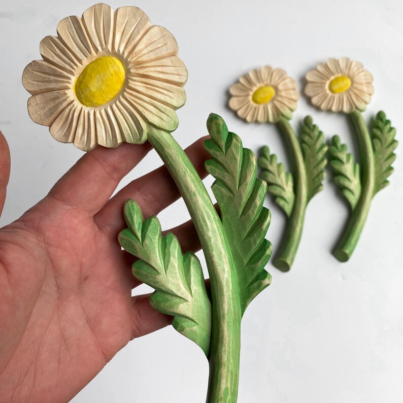 Wooden Carved Daisy, Hanging Flower Wall Art With Stem, Rustic Accent ...