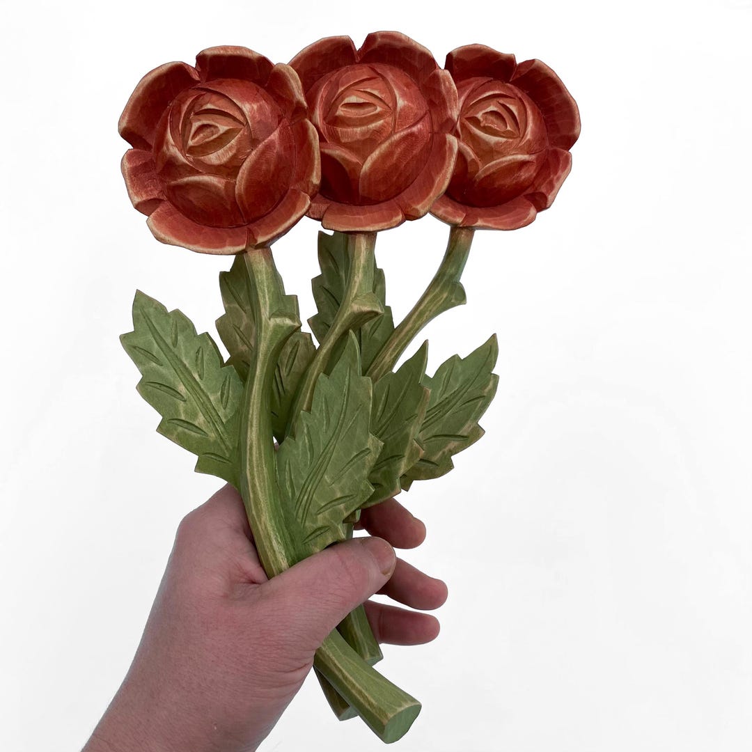 Handcrafted Wooden Red Rose With Stem, Carved Flower, Handmade Red Rose ...