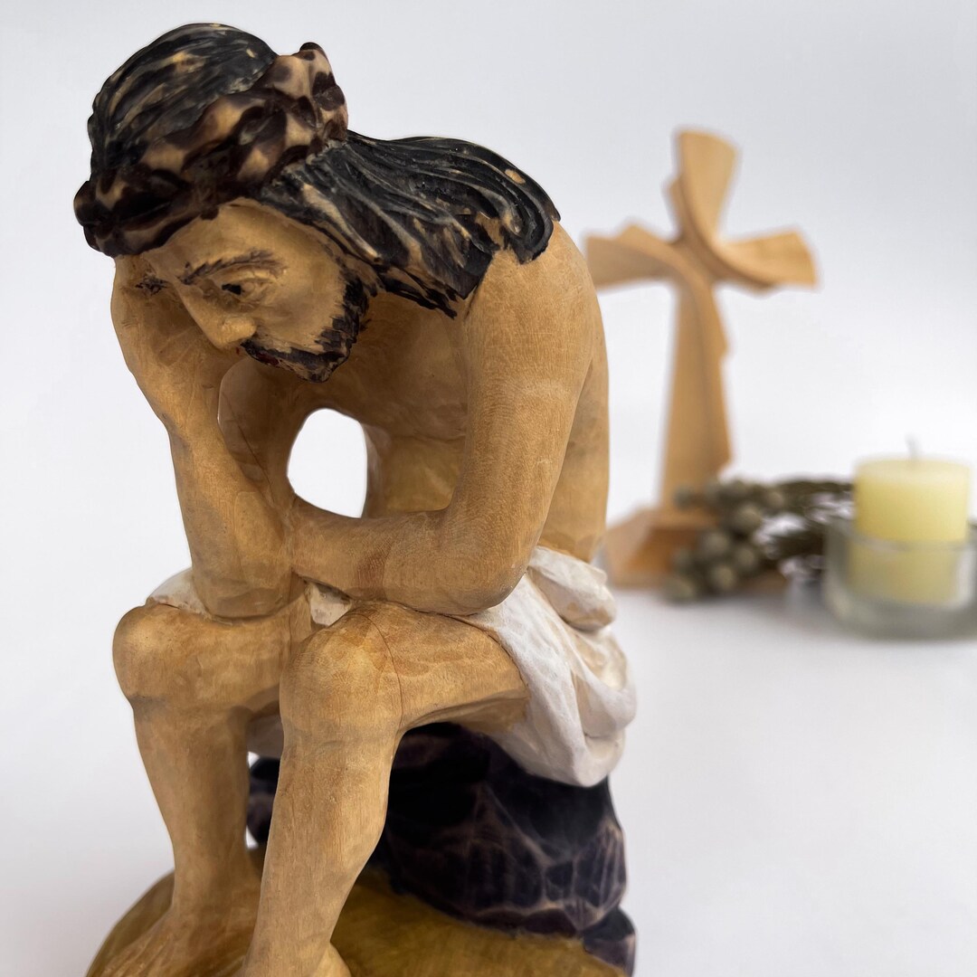 Hand Carved Wooden Jesus Statue, Pensive Christ Sitting on Rock, Jesus ...