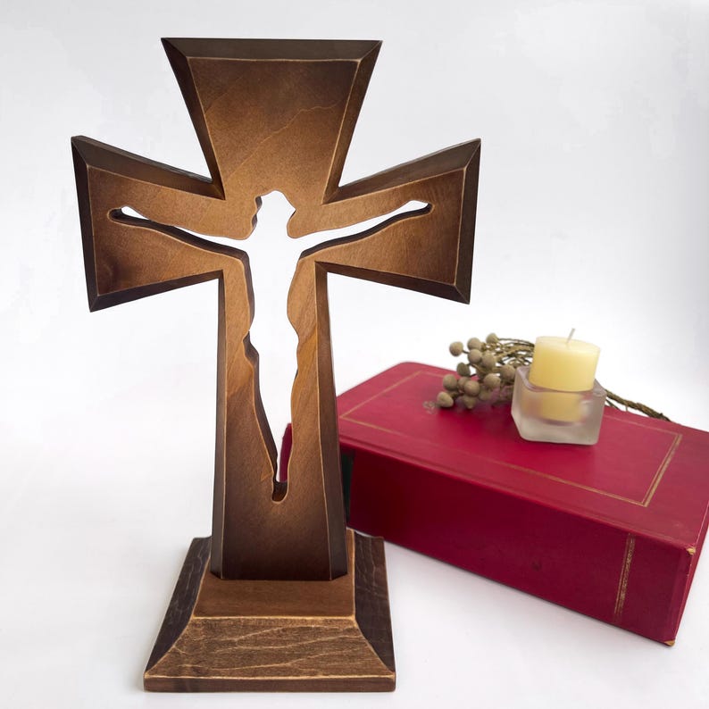 Standing Cross, Wooden Crucifix Tabletop, Modern Catholic Altar, Hand ...