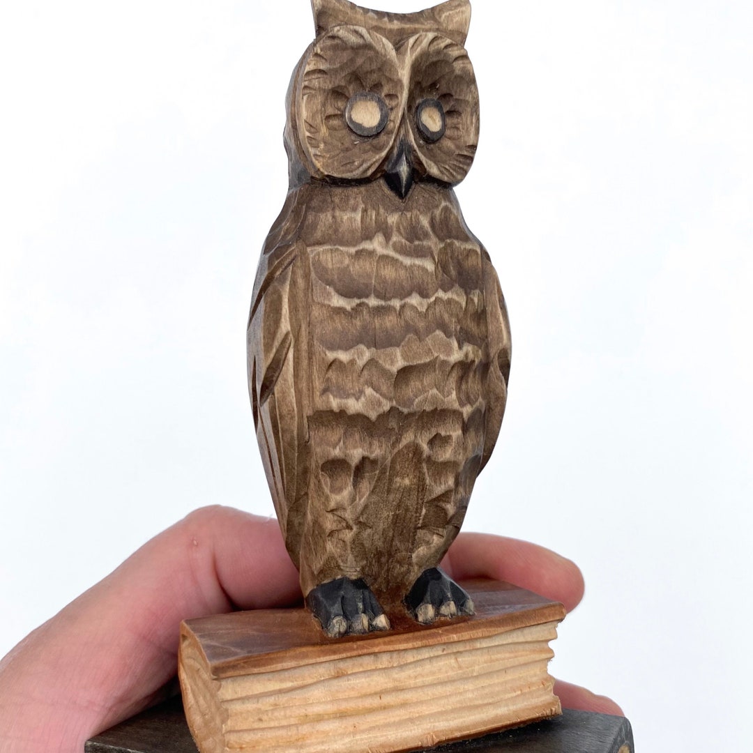 Wooden Owl Figurines, Hand Carved Owl on Books, Owl Table Decor, Forest ...