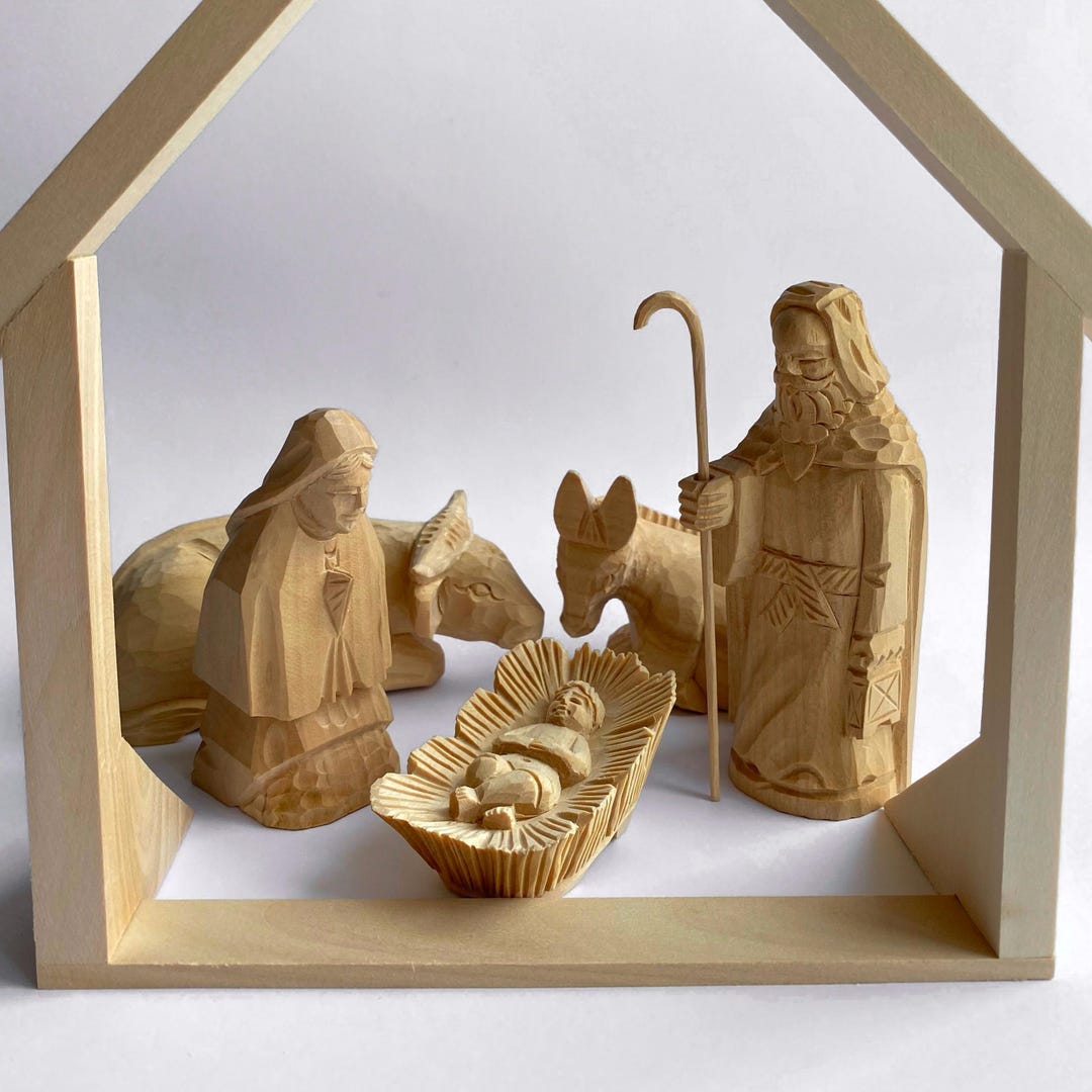 Wooden Nativity Set With Stable, Nativity Bethlehem, Carved Religious ...