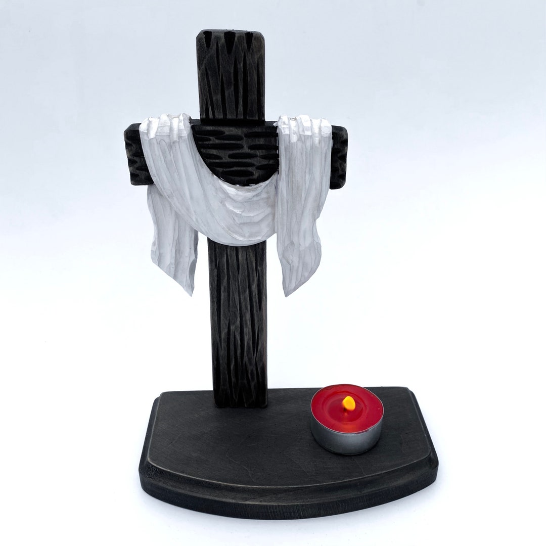 Crucifix for Shelf, Wooden Standing Cross Black, Cross Candle Holder ...