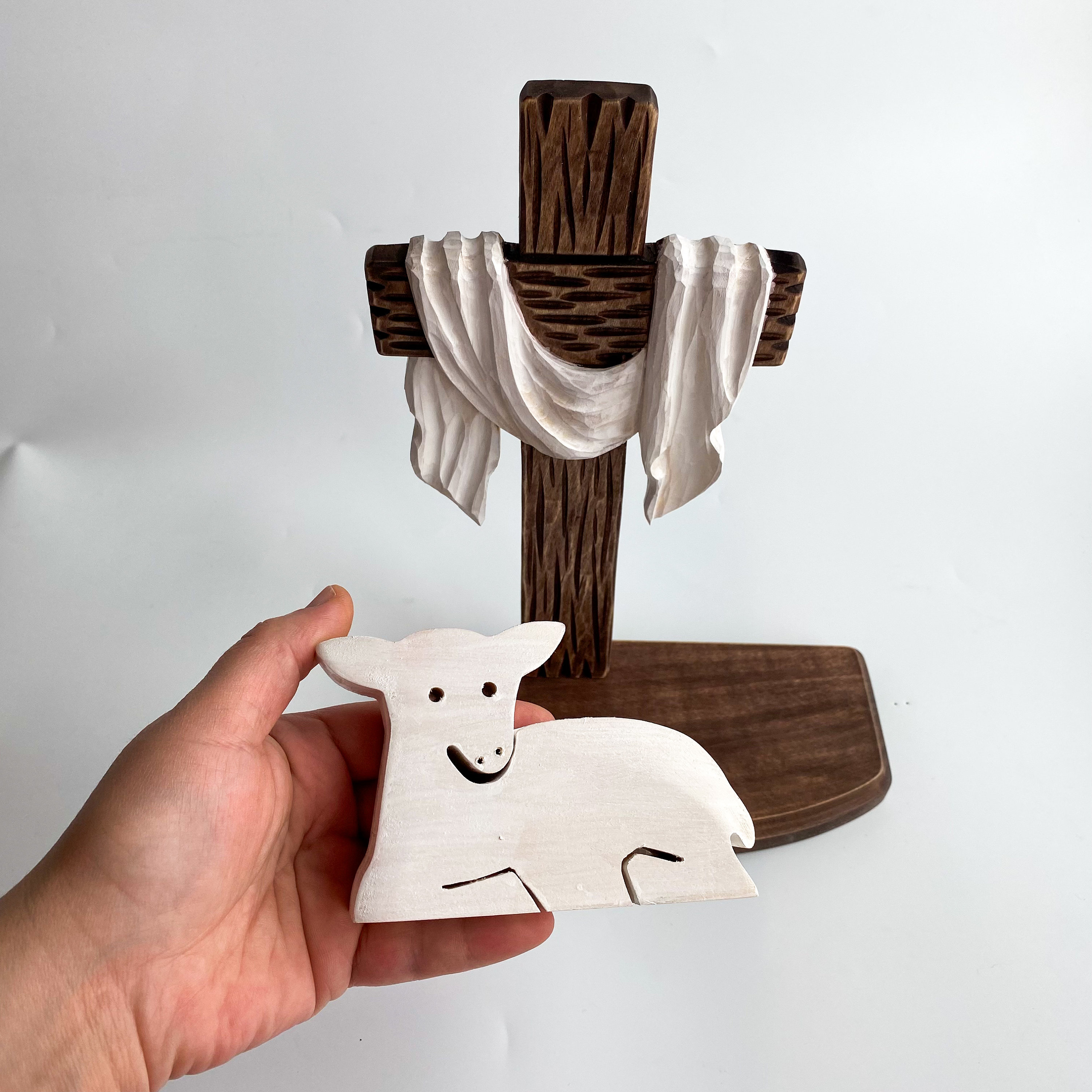 Large Wooden Cross on Stand With Small Lamb, Rustic Home Decoration ...