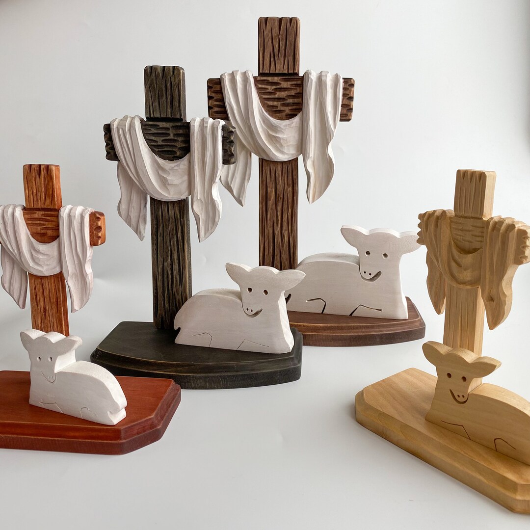 Wooden Easter Cross on Stand With Lamb, Carved Cross, Resurrection ...